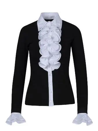 Anne Fontaine Long Sleeve Jersey Shirt With Ruffle Placket - Black/white