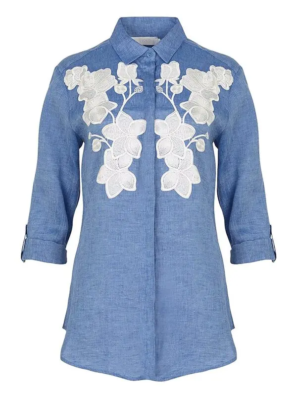 Anne Fontaine Linen Shirt With Floral Appliqu - Denim Blue