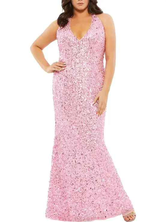 Mac Duggal Sequined Halter Trumpet Gown - Ice Pink
