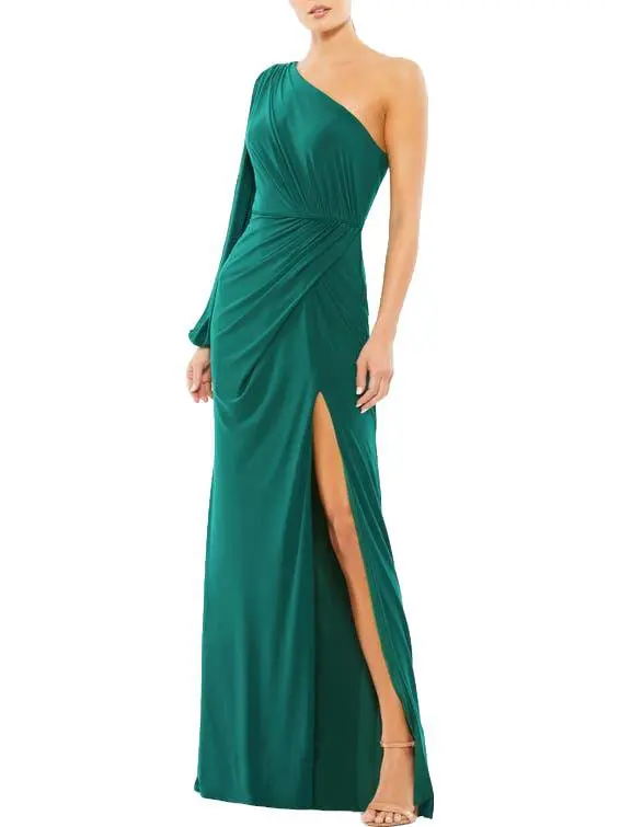 Mac Duggal One-shoulder Puff-sleeve Jersey Gown - Emerald