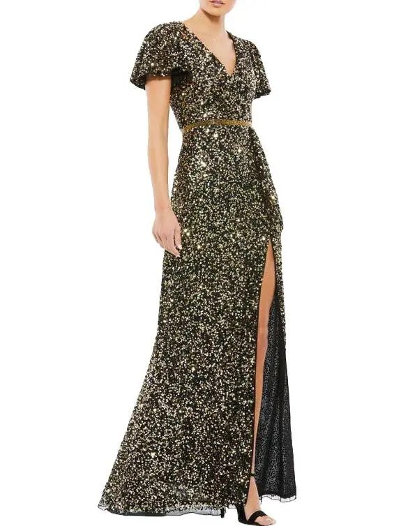 Mac Duggal Sequined Butterfly Sleeve Gown - Black Gold