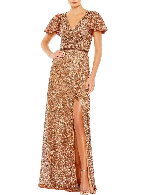 Mac Duggal Sequined Butterfly Sleeve Gown - Copper