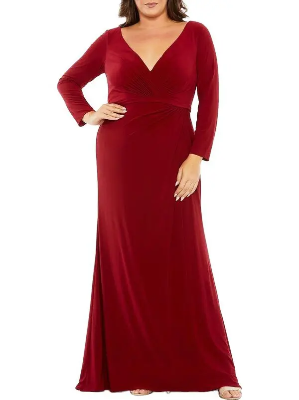 Mac Duggal Long Sleeve V-neck Faux Wrap Gown - Burgundy