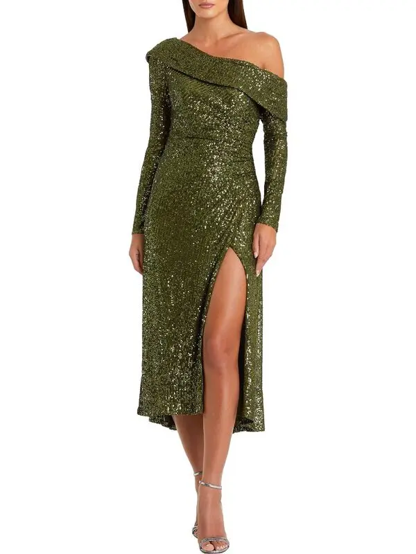 Mac Duggal One-shoulder Sequin Midi Dress - Olive