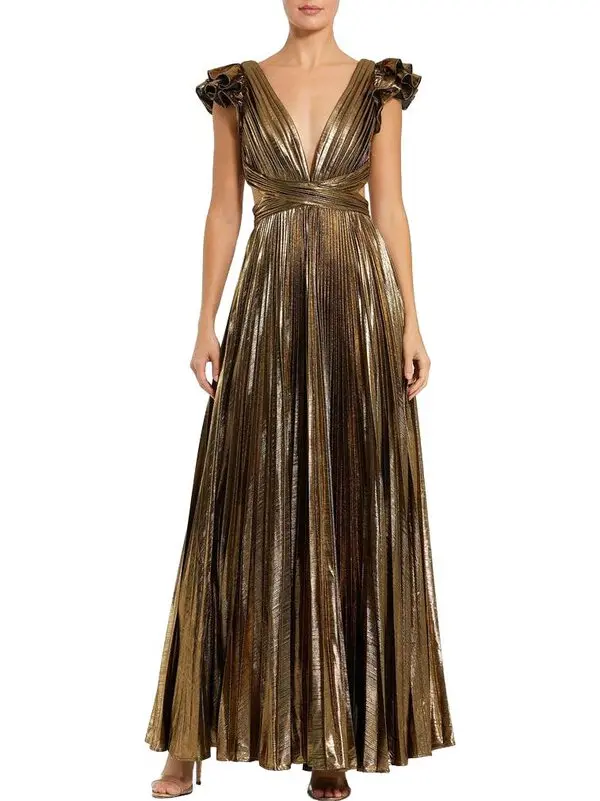 Mac Duggal Pleated Metallic Gown With Ruffle Sleeves And Waist Cutout - Antique Gold
