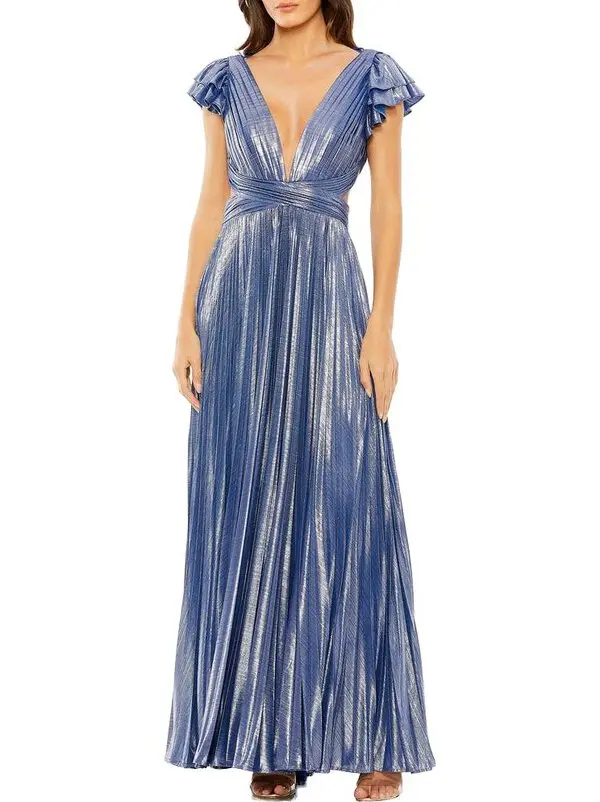 Mac Duggal Pleated Metallic Gown With Ruffle Sleeves And Waist Cutout - Blue