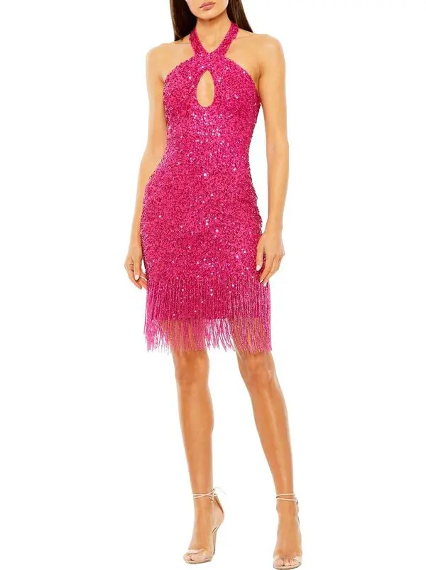 Mac Duggal Beaded Fringe Mini Dress - Magenta