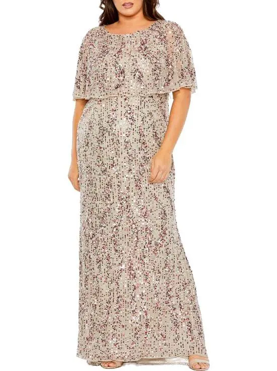 Mac Duggal High-neck Sequin Gown With Cape Sleeves - Grey Multi