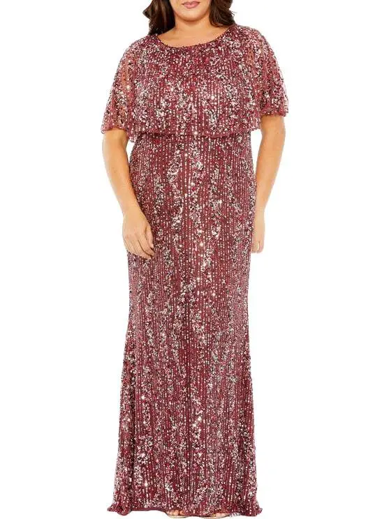 Mac Duggal High-neck Sequin Gown With Cape Sleeves - Mulberry