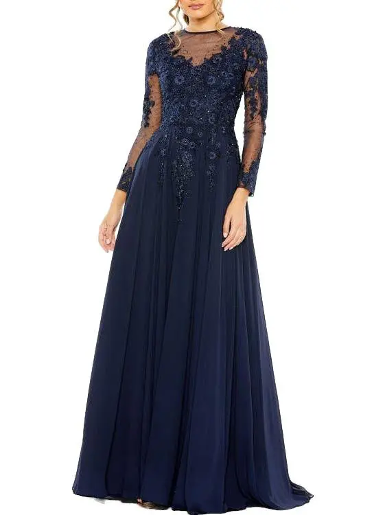 Mac Duggal Hand-embellished Lace Gown With Jeweled Embroidery - Midnight