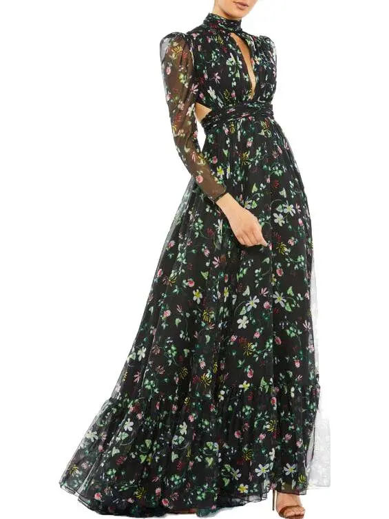 Mac Duggal Floral Chiffon Gown With Lace-up Cutouts - Black Floral