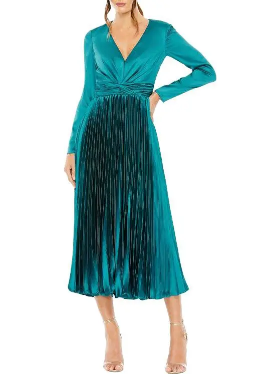 Mac Duggal Pleated Satin Charmeuse Tea-length Dress - Teal