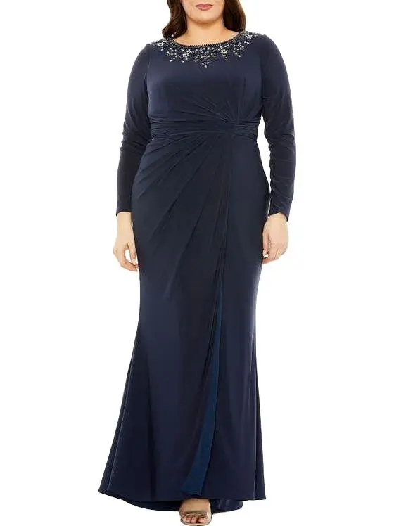 Mac Duggal Long Sleeve Embellished Neckline Jersey Gown - Midnight