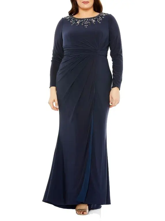 Mac Duggal Long Sleeve Embellished Neckline Jersey Gown - Midnight