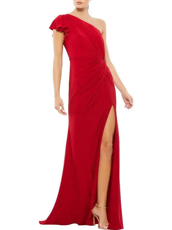 Mac Duggal Asymmetric One-shoulder Jersey Gown - Red