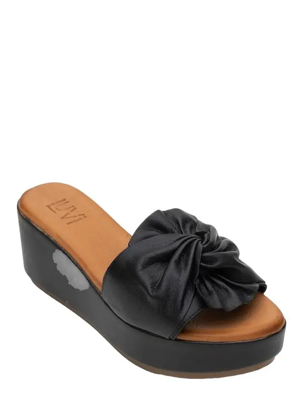 FOREVER & ALWAYS SHOES Syndra Leather Wedge Sandals With Bow - Black Leather