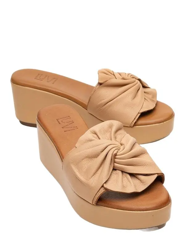 FOREVER & ALWAYS SHOES Syndra Leather Wedge Sandals With Bow - Dark Beige Leather