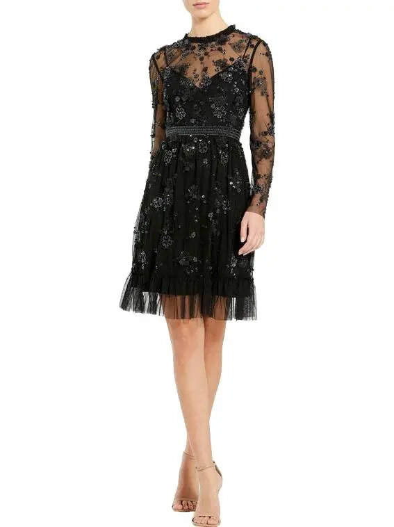 Mac Duggal Embellished Floral Long Sleeve Mini Dress - Black