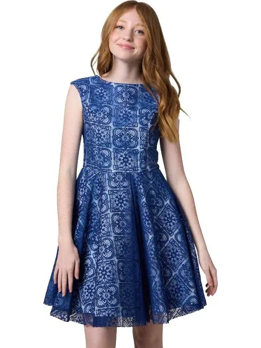 UN DEUX TROIS Cap Sleeve Lace Fit-and-flare Dress - Navy Blue