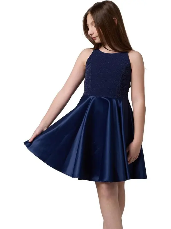 UN DEUX TROIS Glitter And Satin Racer Back Dress - Navy Blue