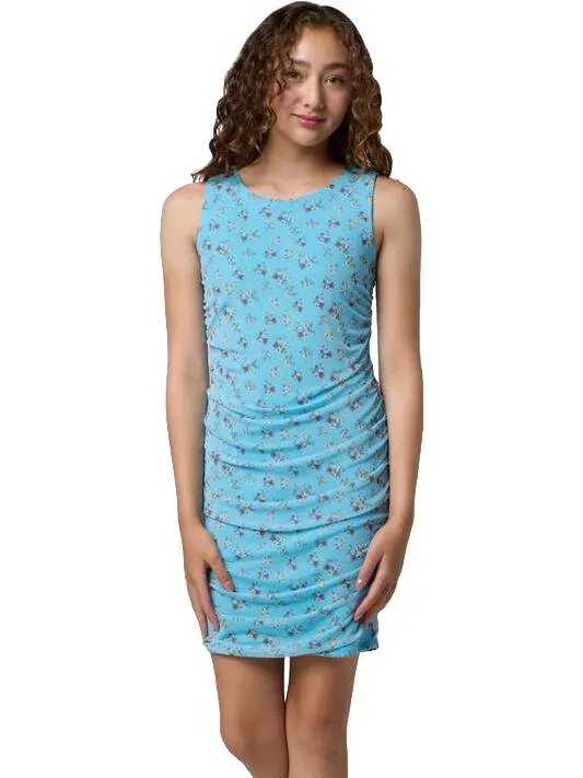 UN DEUX TROIS Ruched Fitted Printed Tank Dress - Aqua Floral