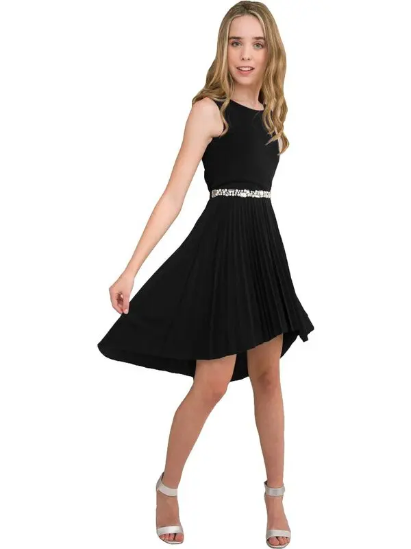 UN DEUX TROIS Pleated High-low Dress With Belt - Black