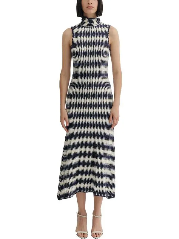 DE LORETA Montebello Slip-on Mock Neck Dress - Navy/white
