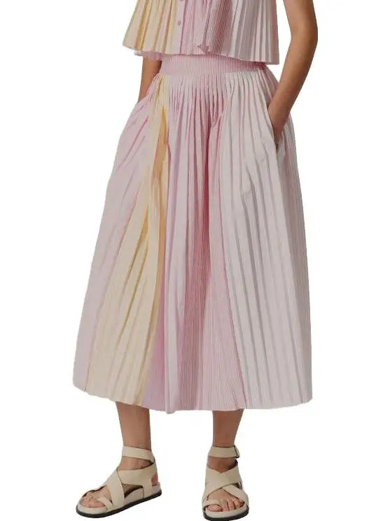 DE LORETA Aire Pleated Cotton Midi Skirt - Mix Lines Rosa