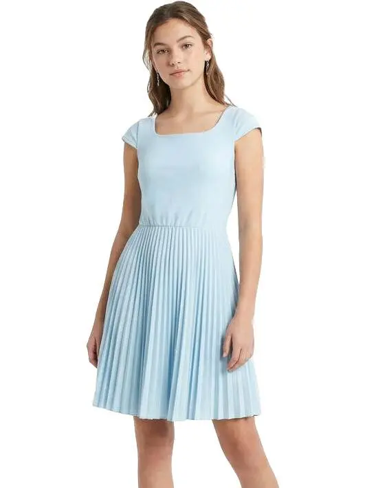 UN DEUX TROIS Cap Sleeve Pleated Dress - Blue