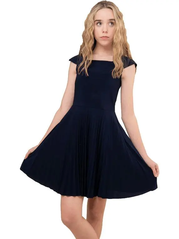 UN DEUX TROIS Cap Sleeve Pleated Dress - Blue