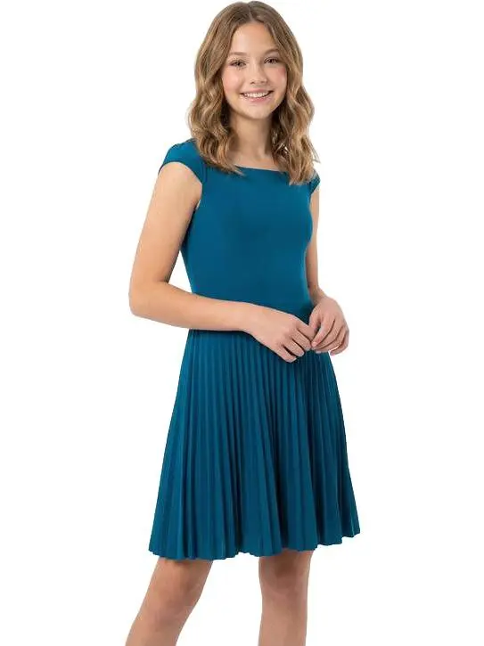 UN DEUX TROIS Cap Sleeve Pleated Dress - Teal