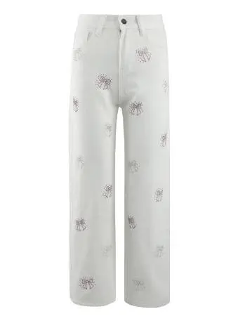 LOLA + THE BOYS Crystal Bow Straight Leg Jeans - White