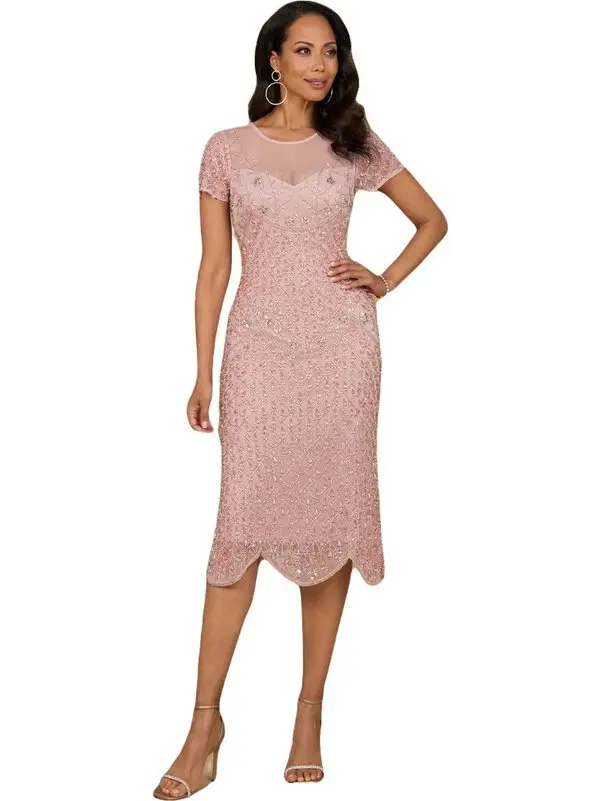 LARA NEW YORK Beaded Cap-sleeve Midi Dress - Dusty Rose