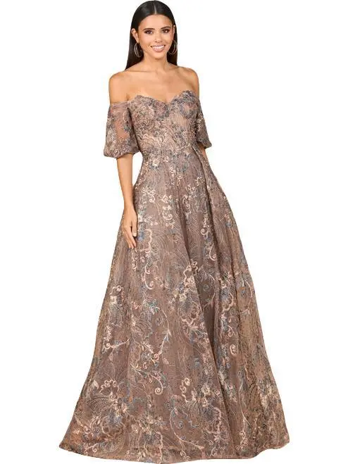 LARA NEW YORK Off Shoulder Lace Ballgown - Bronze Multi