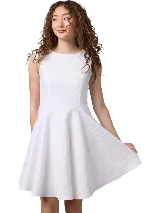 UN DEUX TROIS Cap Sleeve Boat Neck Fit And Flare Dress - White