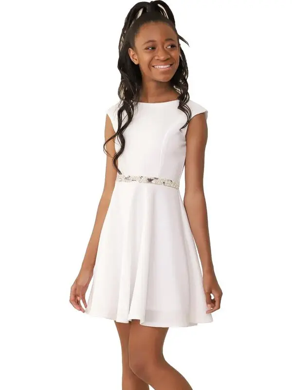 UN DEUX TROIS Textured Cap Sleeve Belted Dress - Ivory