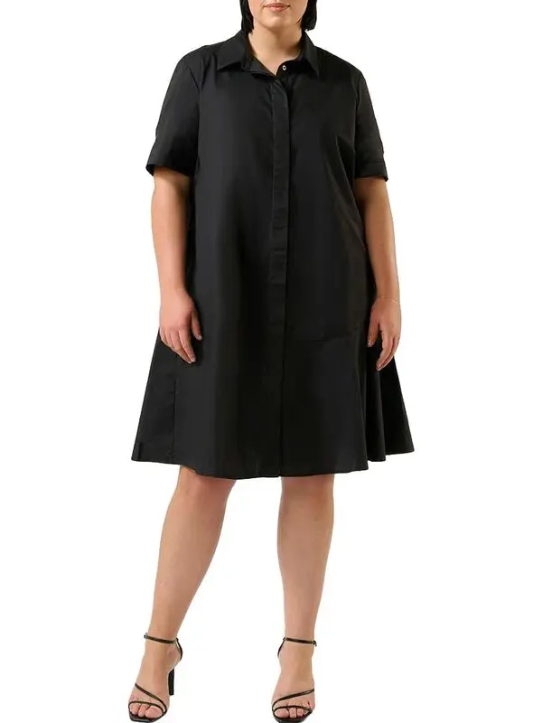 ESTELLE Obsidian Short Sleeve Polished Cotton Shirtdress - Black