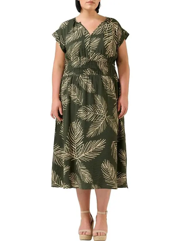 ESTELLE Palmer Leaf Print Midi Dress - Green Print