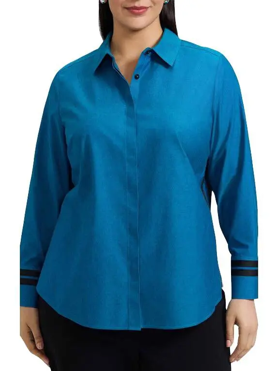 Foxcroft Brooke Non-iron Grosgrain Trim Button-up Shirt - Teal Blue/green