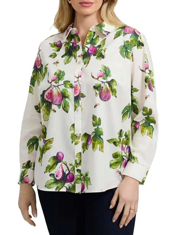 Foxcroft Hampton Figs Print Stretch Cotton Button-up Shirt - Ivory Multi