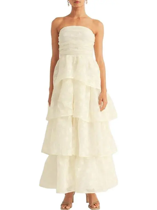 AROSE STUDIO Milan Floral Jacquard Strapless Tiered Gown - Cream