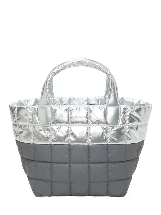 VEECOLLECTIVE Medium Porter Quilted Recycled Nylon Tote - Silver Grey Mul