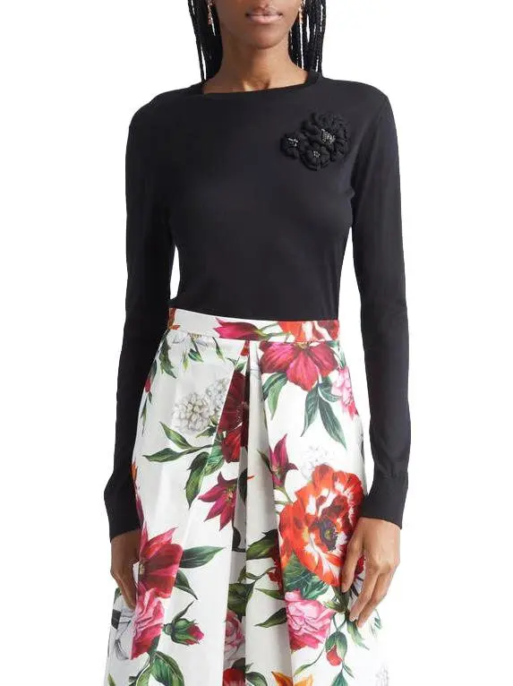 Dolce & Gabbana Floral Appliqué Silk Sweater - N0000 Nero