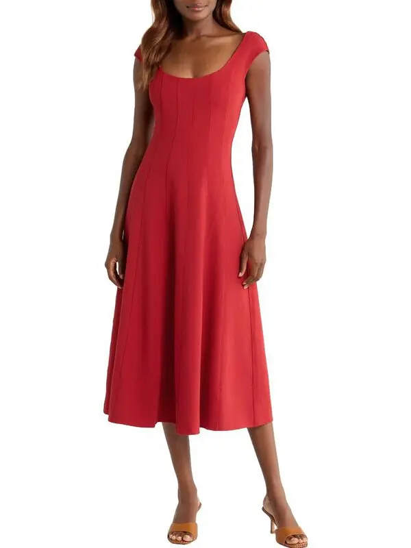 Staud Cap Sleeve Midi Dress - Rouge