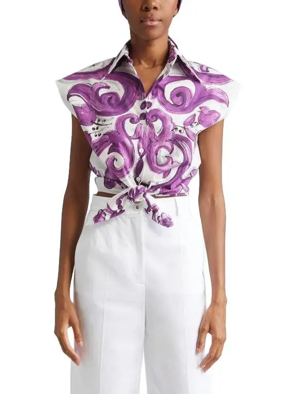 Dolce & Gabbana Majolica Print Cotton Poplin Shirt - Ip3tn Mix Maiolica Viola