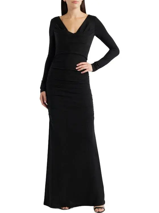 Black Halo Rafaela Long Sleeve Glitter Knit Gown - Black