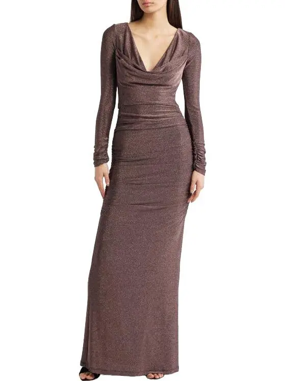 Black Halo Rafaela Long Sleeve Glitter Knit Gown - Rose Quartz