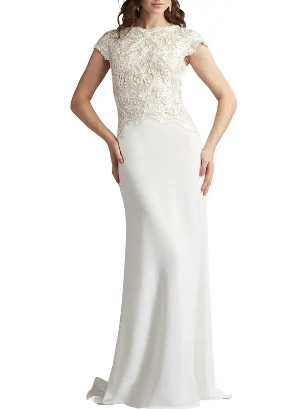 Tadashi Shoji Soutache Lace Cap-sleeve Trumpet Gown - Ivory/petal