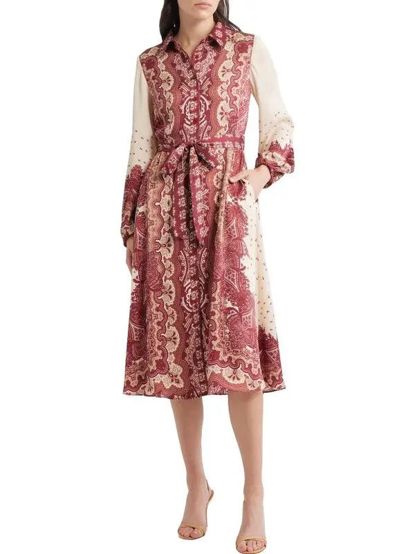 Julia Jordan Printed Long Sleeve Shirt Dress - Red Ivory