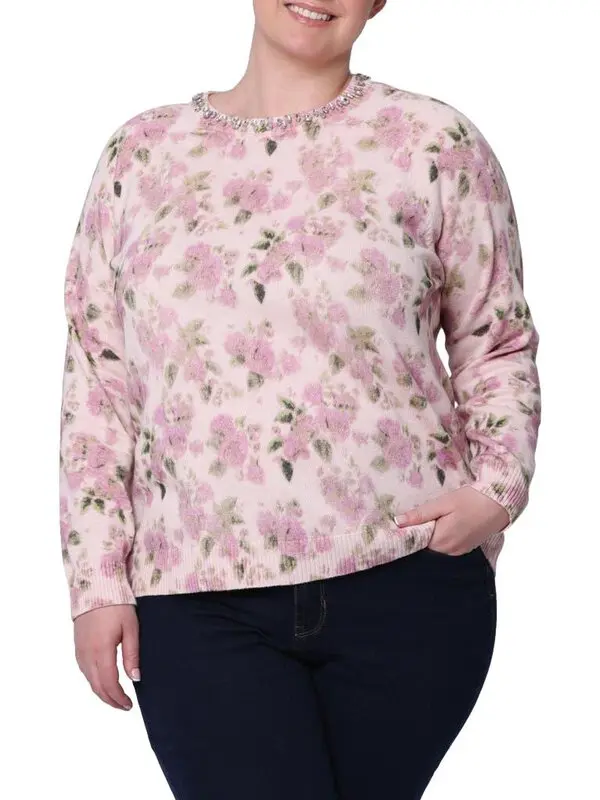 Minnie Rose Rhinestone Embellished Cotton & Cashmere Sweater - Lotus Combo